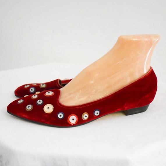 1950s/60s Dark Red Velvet Flats, Size 5 1/2M - Gem