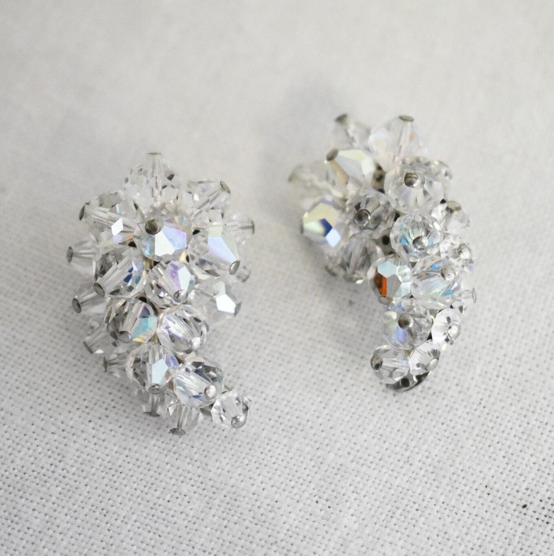 1960s Comma Shaped Iridescent Crystal Bead Cluster Clip Earrings - Etsy
