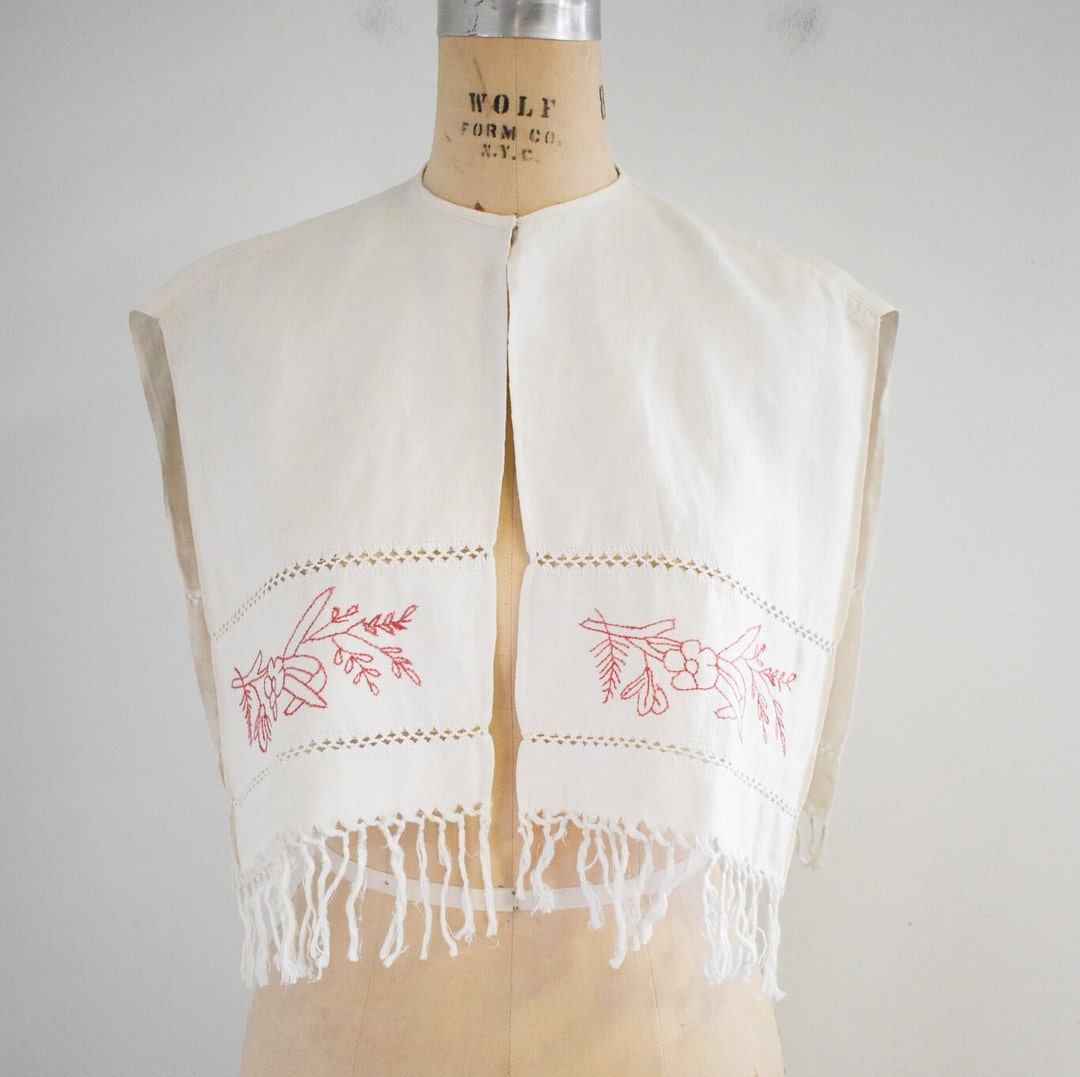 Victorian Fringed Shawl Linen Collar With Redwork Embroidery - Etsy