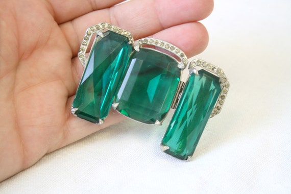 1930s Large Green Rhinestone Belt Slide - Gem