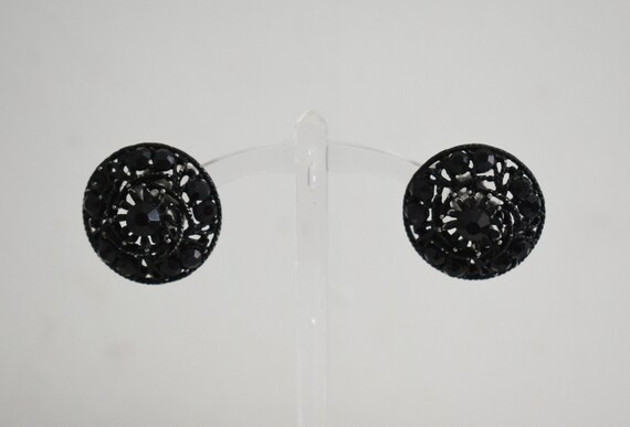 1950s/60s Black Rhinestone Circle Clip Earrings - Gem