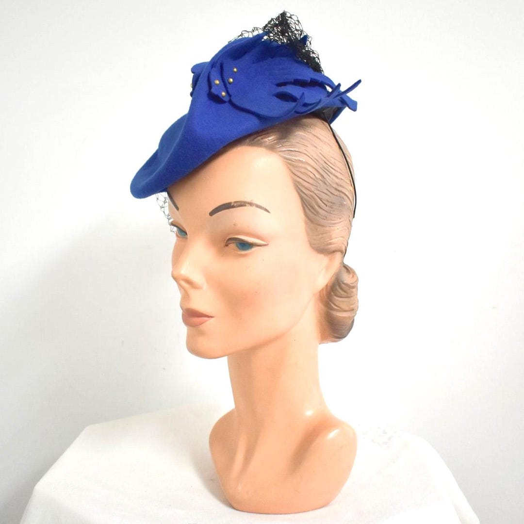 1940s Royal Blue Bird Hat With Studs and Netting - Etsy