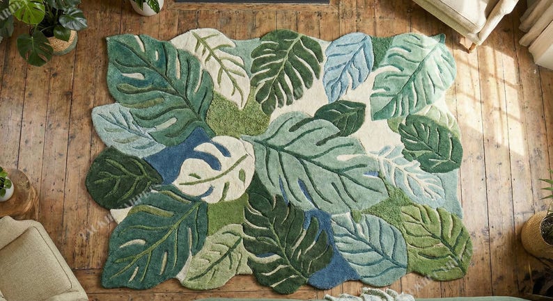 Sage Green Hand-tufted Wool Leaf Rug, Boho Botanical Area Carpet - Etsy UK
