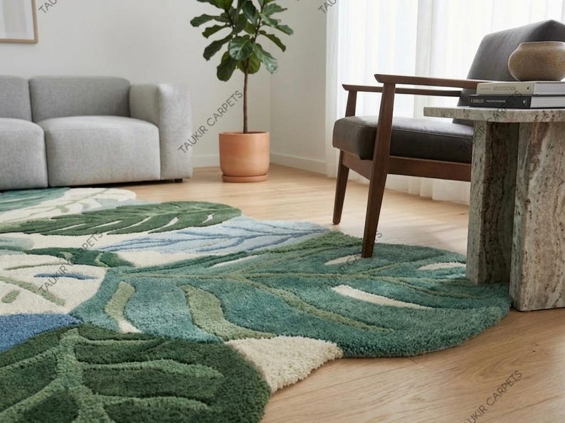 Sage Green Hand-tufted Wool Leaf Rug, Boho Botanical Area Carpet - Etsy UK