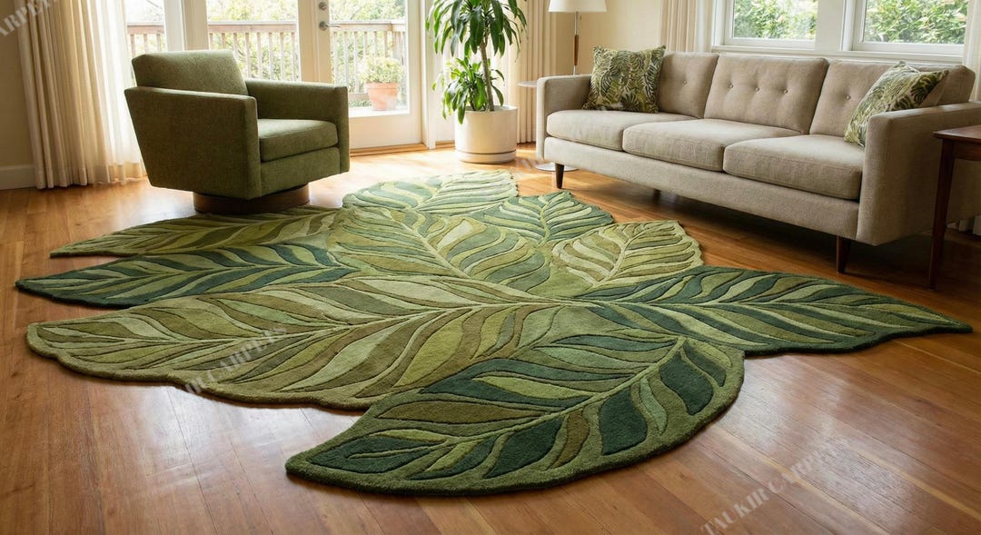 Green Leaf Shaped Rug, Hand Tufted Wool Botanical Area Rug, Organic ...