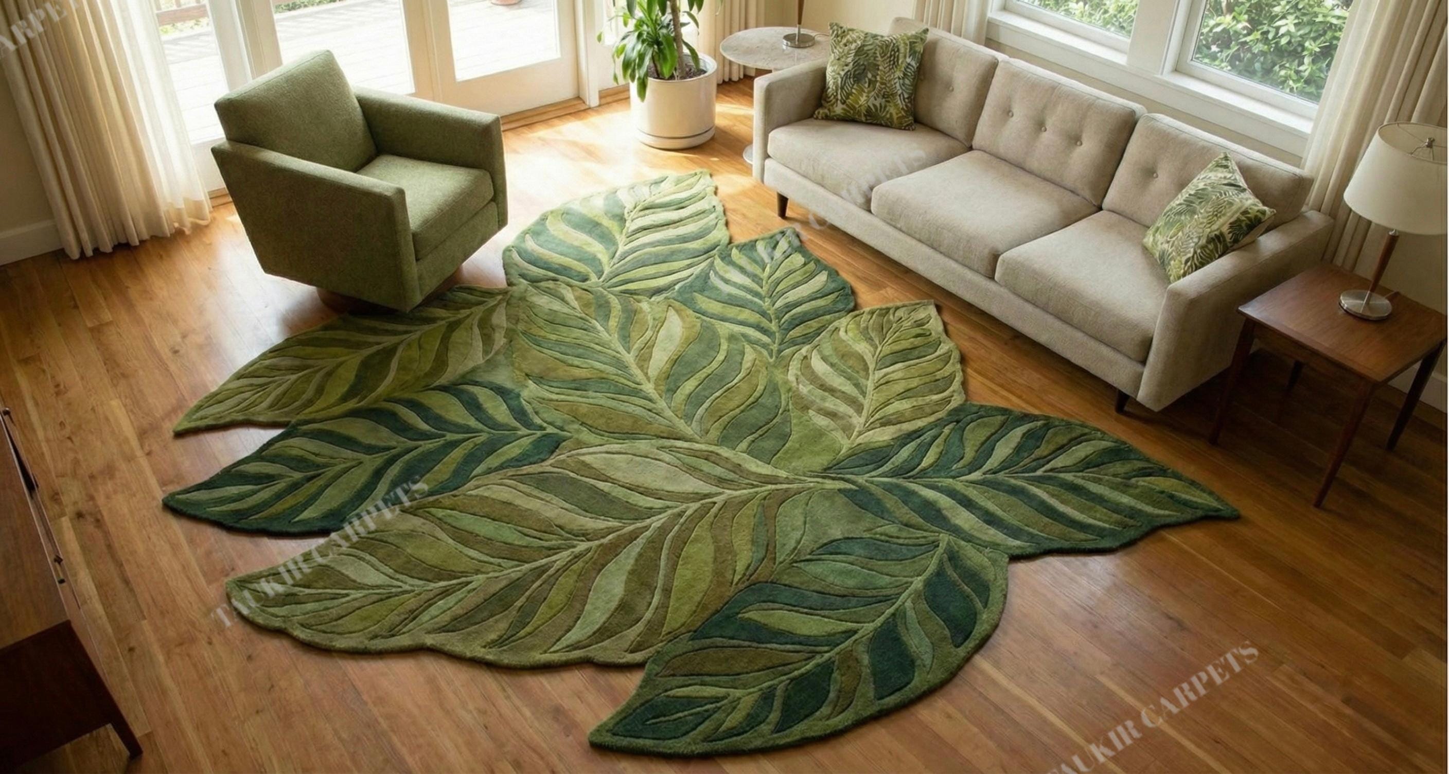 Green Leaf Shaped Rug, Hand Tufted Wool Botanical Area Rug, Organic ...