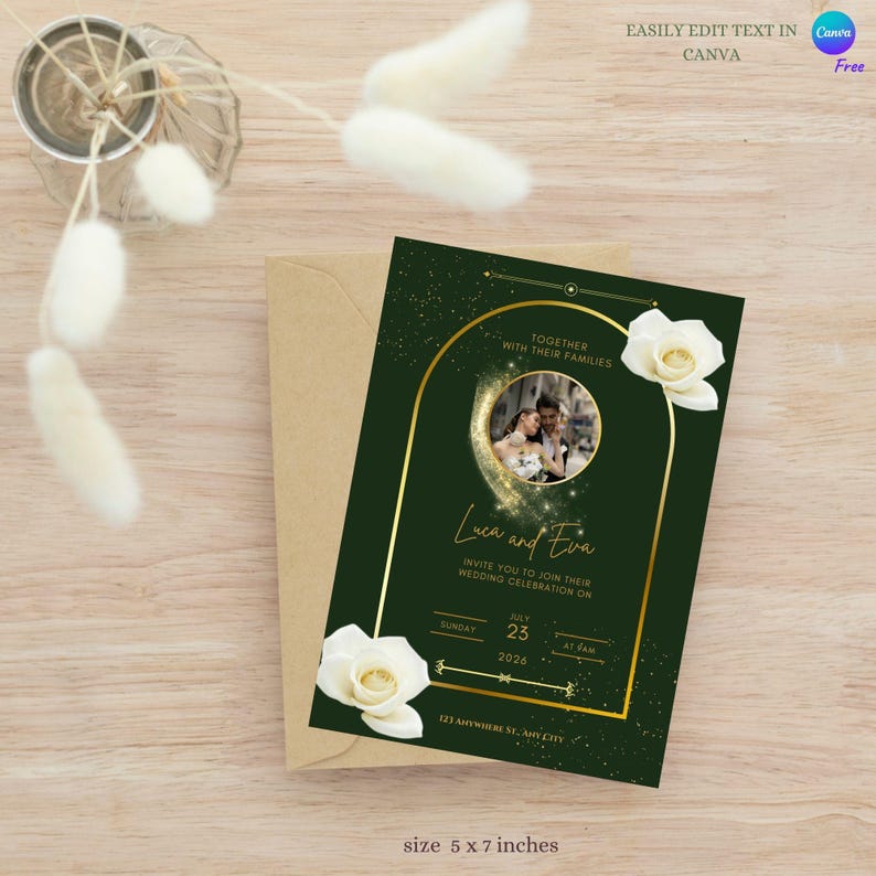 Editable Wedding Invitation, Green White Rose Floral Design (5x7 Inches ...