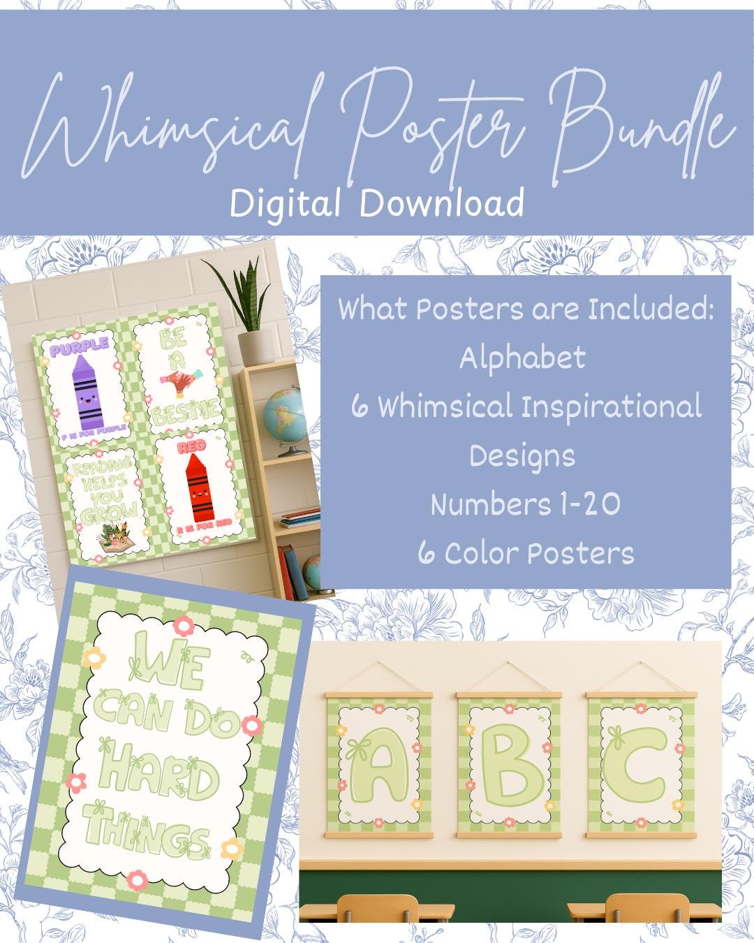 Gingham Classroom Poster Bundle: Alphabet, Numbers, Colors (digital ...