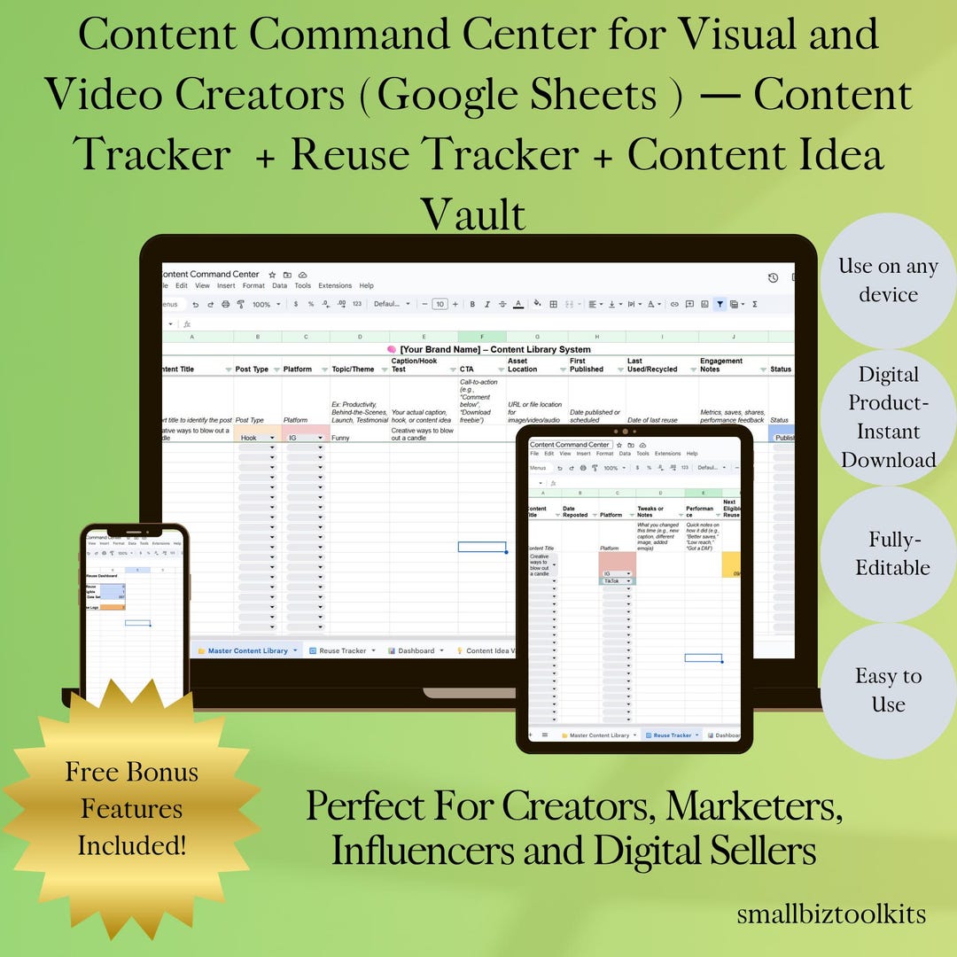 Content Planner & Reuse Tracker | Google Sheets Dashboard + Idea Vault ...