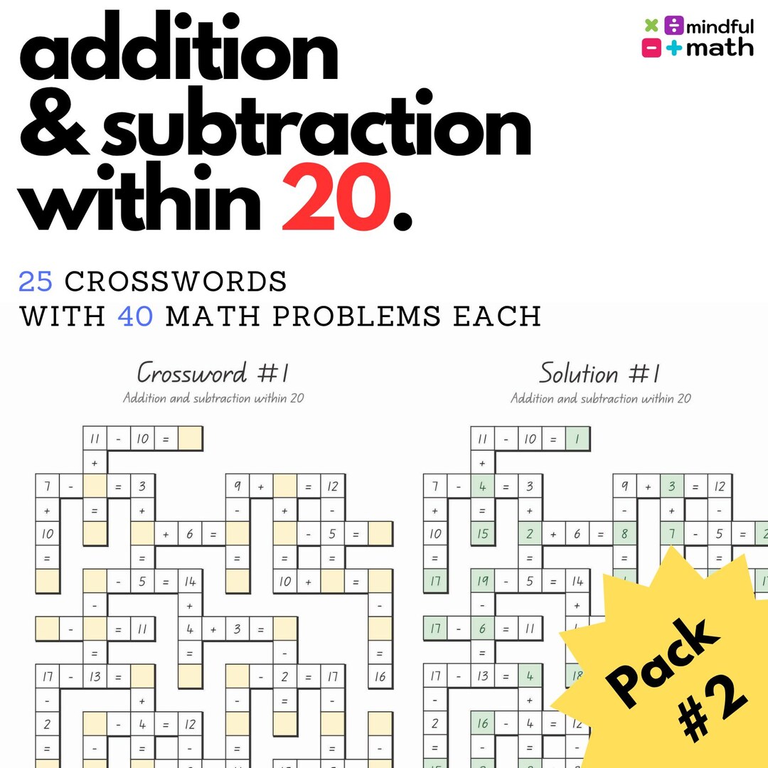 Math Crossword Puzzles for Kids | Addition & Subtraction Within 20 | 25 ...