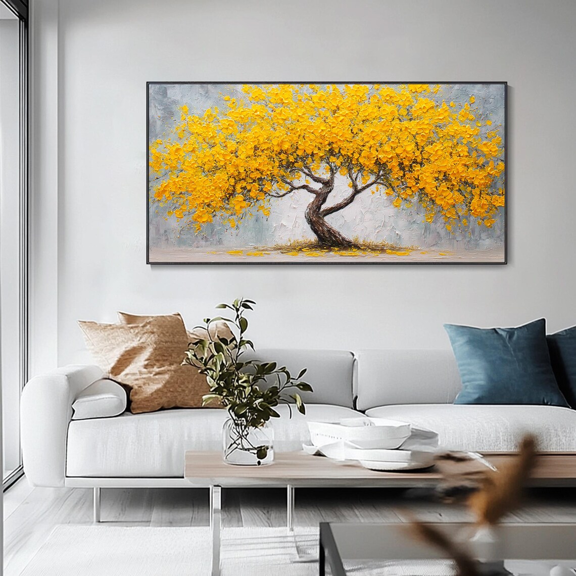Custom Sakura Tree Hand Textured Wall Art 3D Abstract Yellow Floral ...