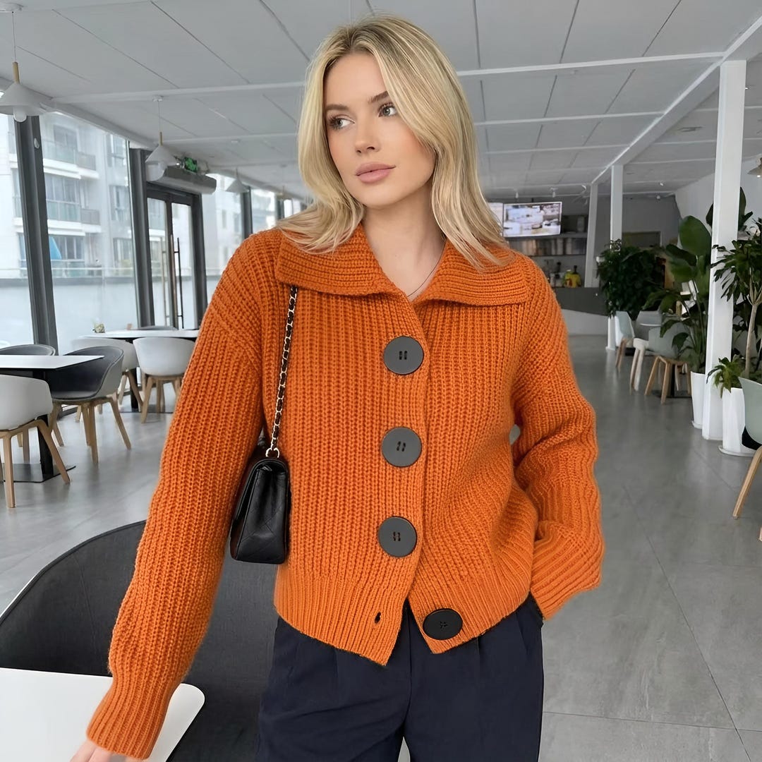 Big Buttons Cardigan With Collar - Available in Grey, White, Orange - Etsy