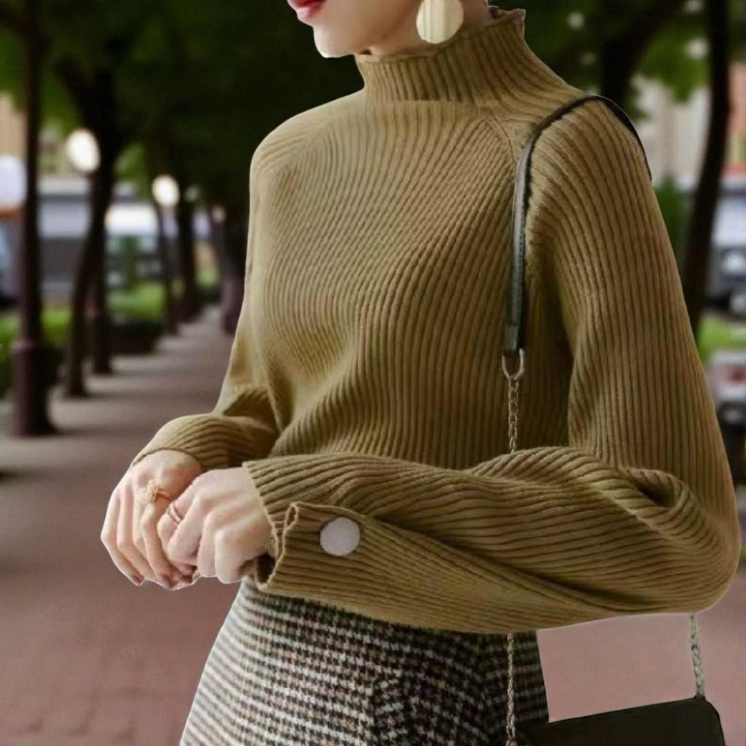 Ladies Ribbed Knit Jumper With Button Cuff Detail – Available in Green ...