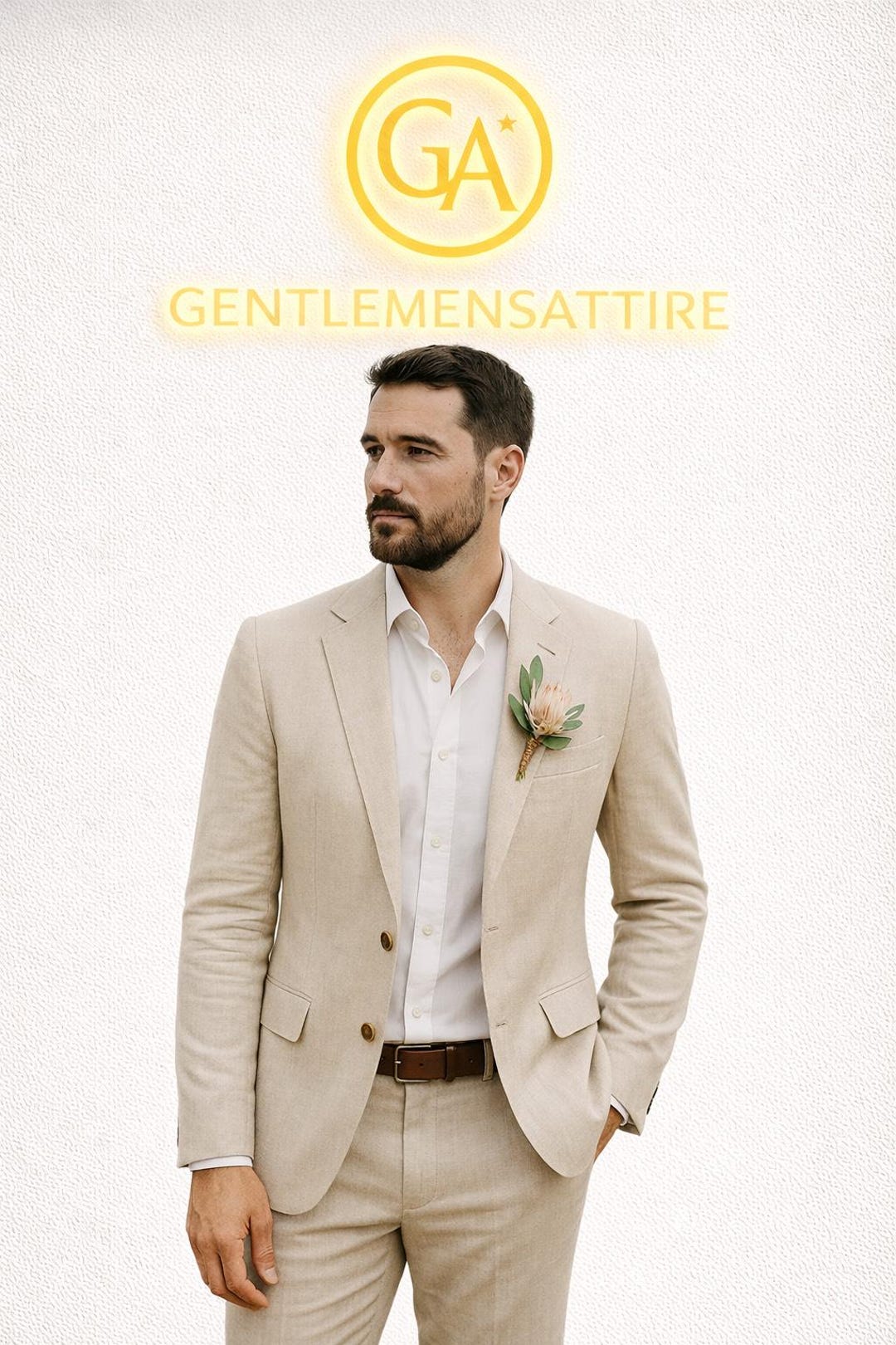 Men Beige Linen 2 Piece Suits Men Luxurious Peak Lapel Suit Slim Fit ...