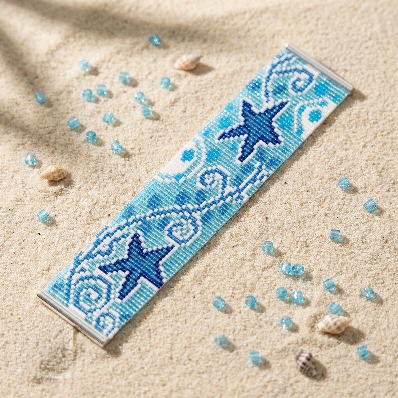Starfish and Waves Loom Bracelet Pattern, Blue Ocean Miyuki Beadwork ...