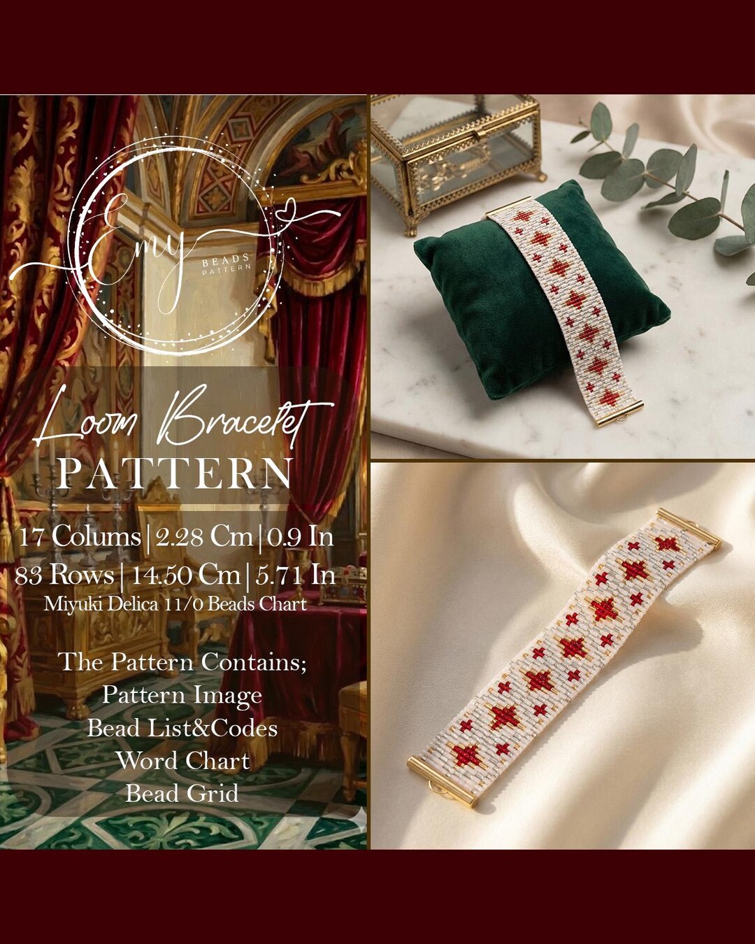 Royal Diamond Loom Pattern - Regal Red & Gold Miyuki Bracelet PDF - Etsy