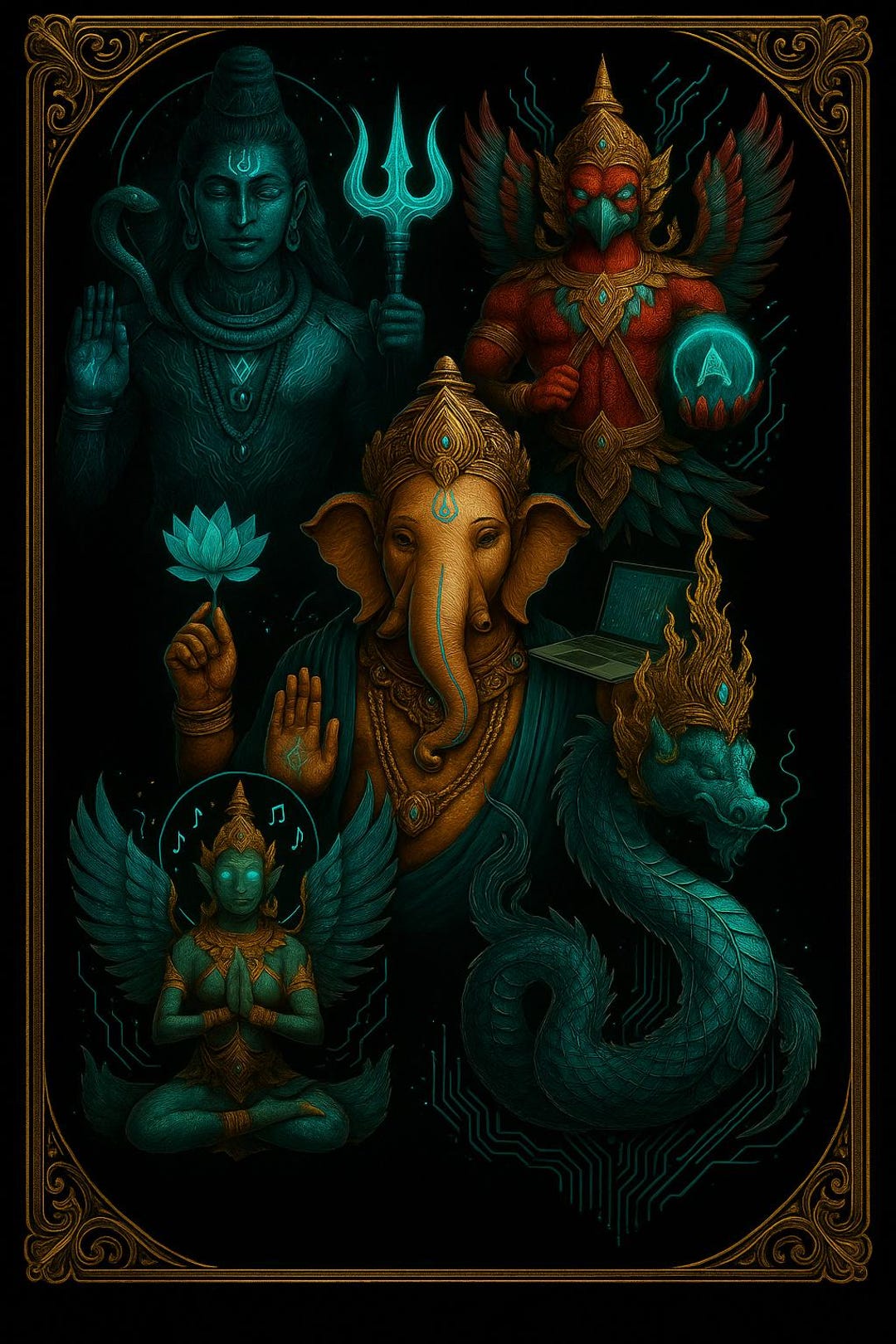Cyberpunk Thai Mythical Gods PNG Bundle | Shiva, Ganesh, Naga, Garuda ...