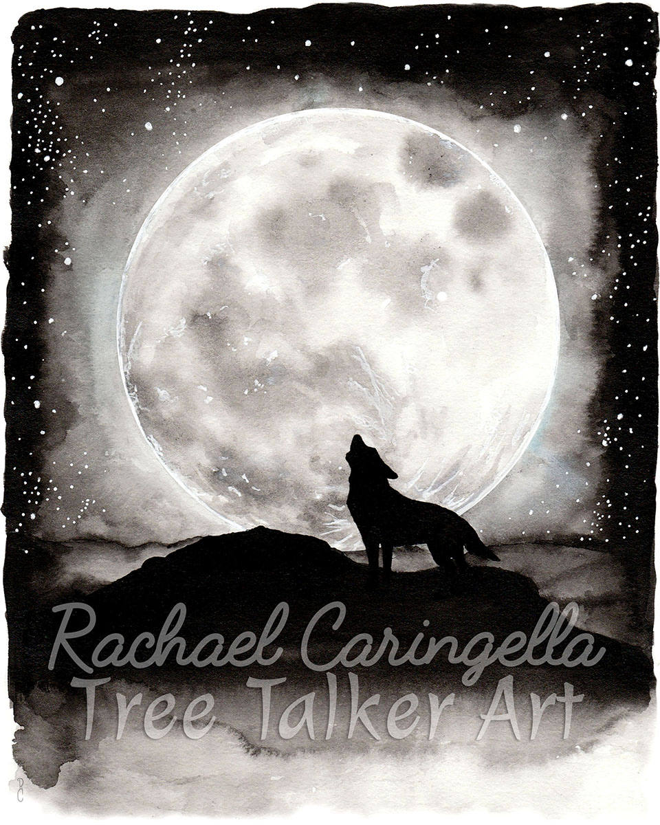 Wolf Howl - Wolf and Moon Ink and Watercolor Painting by Rachael ...