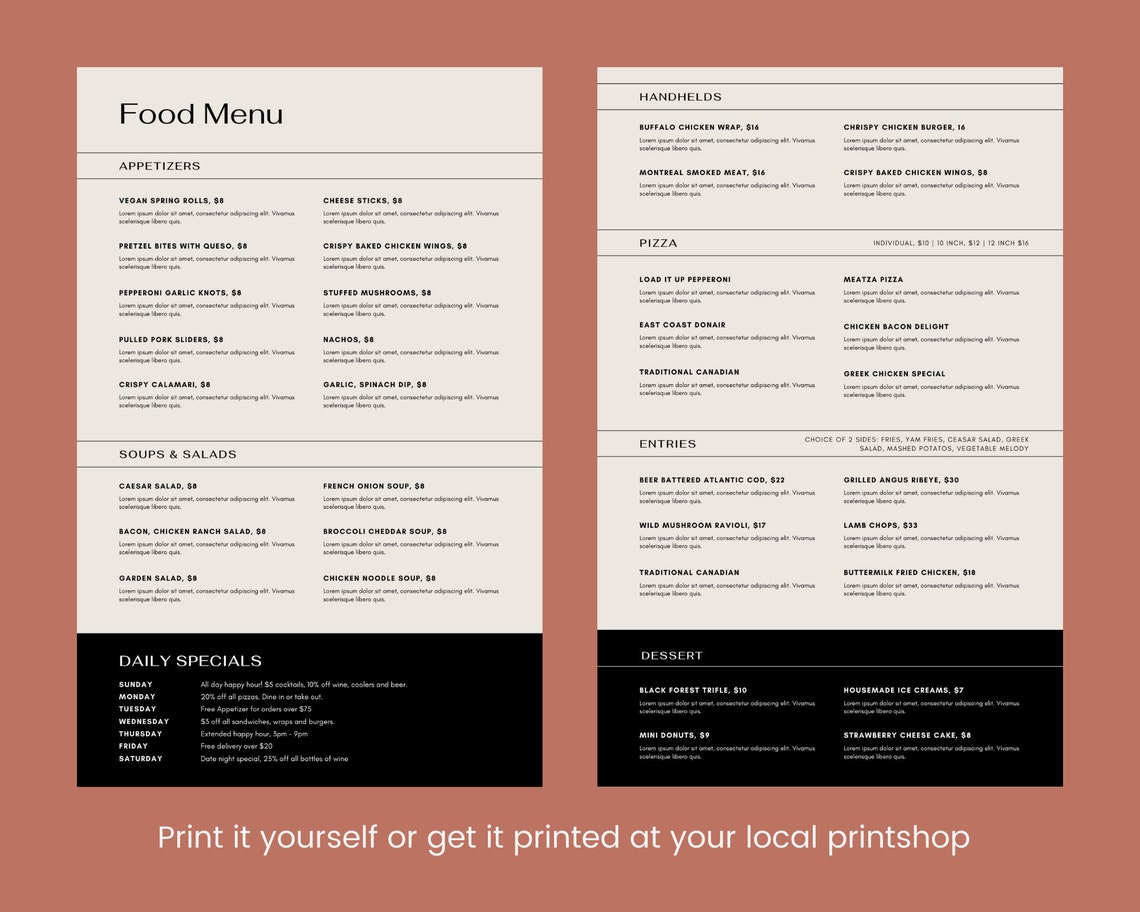 Restaurant Menu Template. Design Layouts for Food and Drink. 11x17 ...