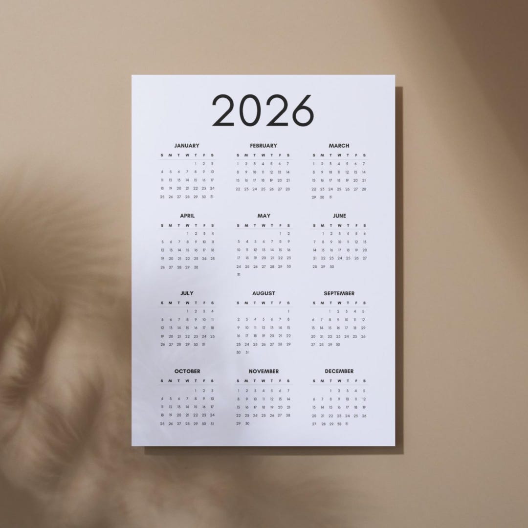 2026 Minimalist Year At-a-glance Calendar (digital Download) - Etsy