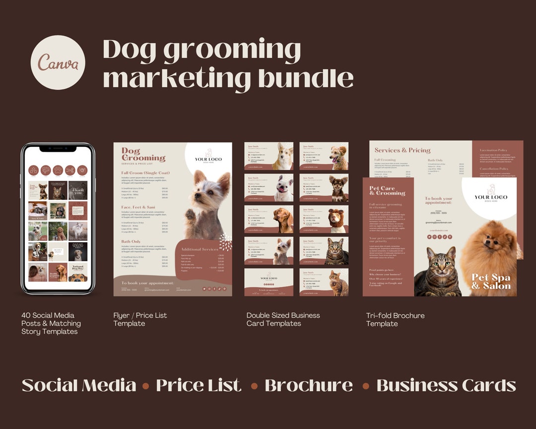 Pet Grooming Brand Design Bundle. Canva Templates Include Business Card ...