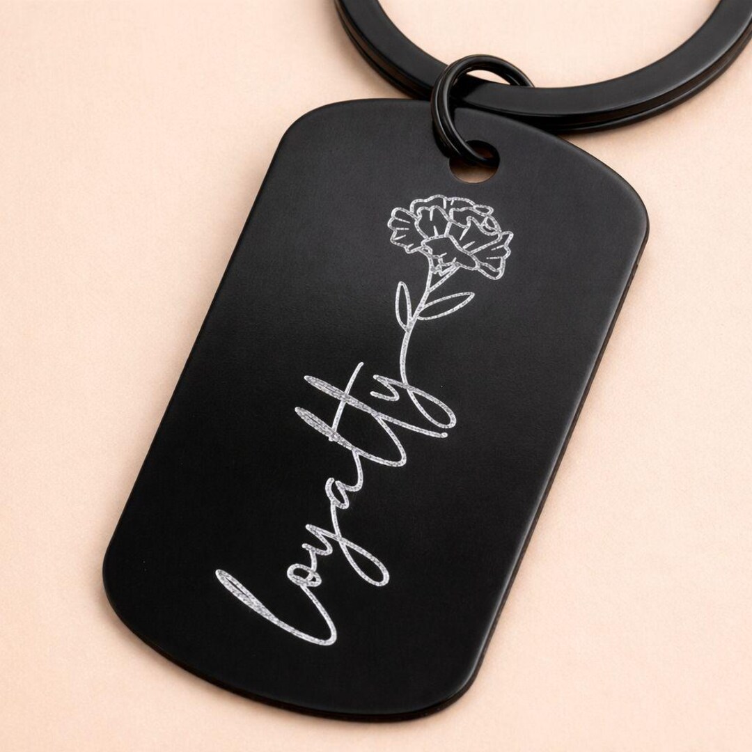 Birth Flower Keychain With Meaning | Engraved Aluminum Tag | Choose ...