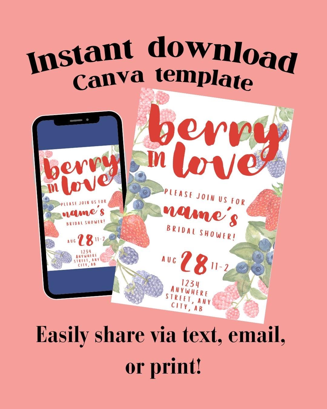 Berry Bridal Shower Invitation: Summer Fruit Theme, Editable Canva ...