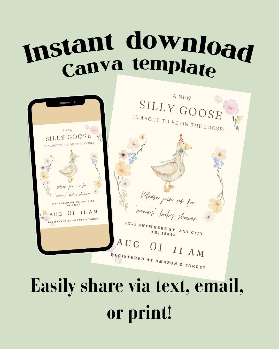 Silly Goose Baby Shower Invitation: Editable Gender Neutral Invite ...