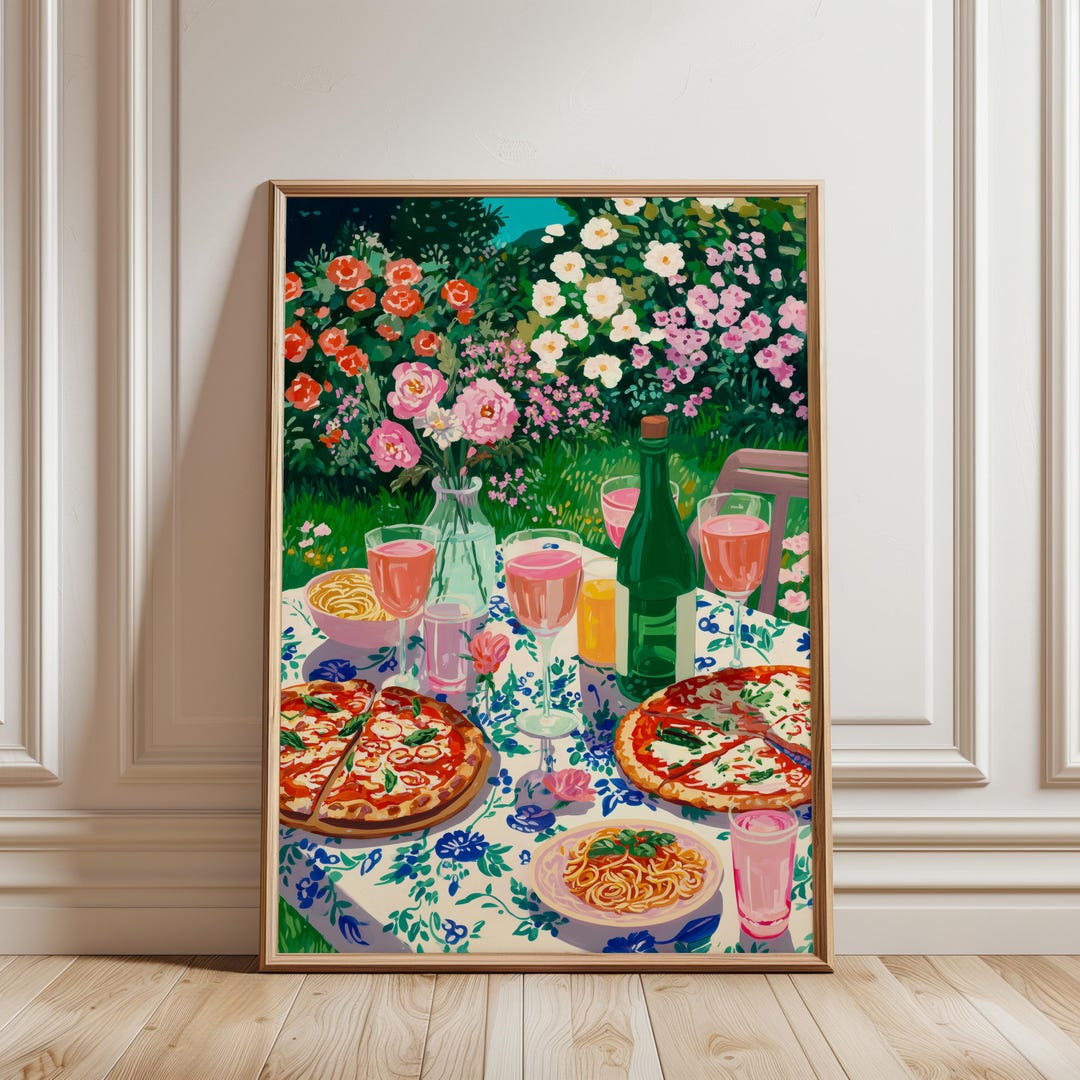 Italian Garden Party Print | Pizza, Rosé Wine, Flowers Wall Art - Etsy
