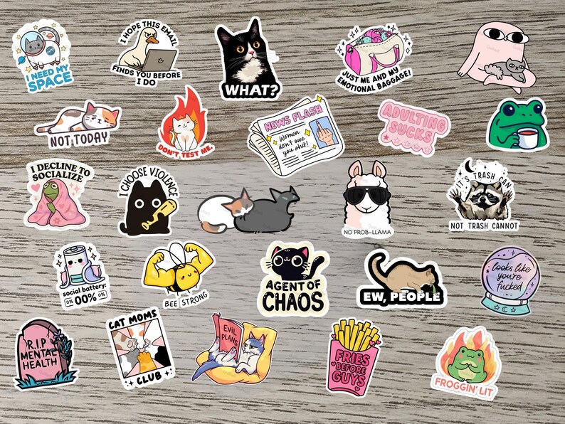 Pack of 25 Sarcastic Cat Stickers • Feline Humor & Ironic Quotes ...