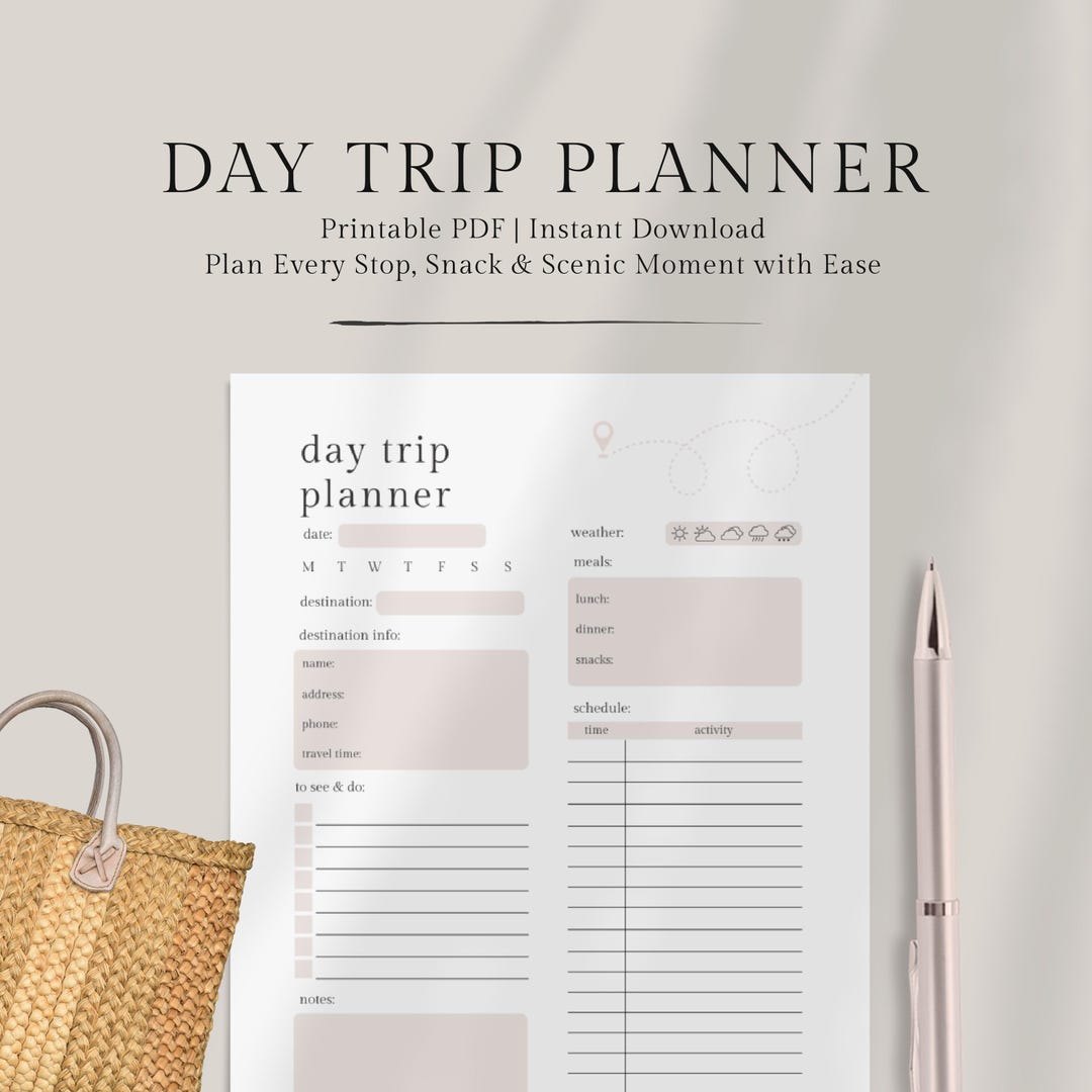 Day Trip Planner | Printable Travel Itinerary | One Page Trip Organizer ...