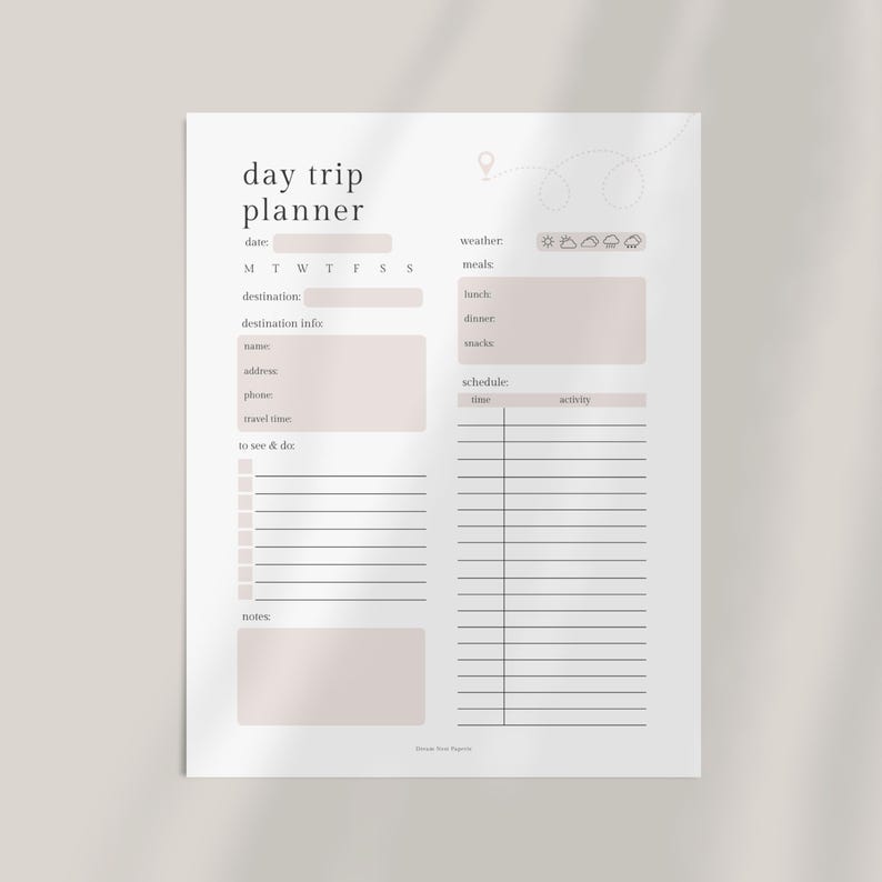 Day Trip Planner | Printable Travel Itinerary | One Page Trip Organizer ...
