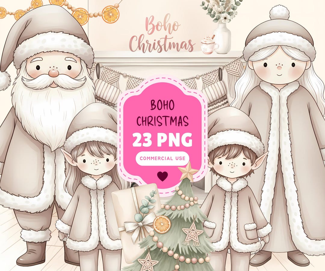 Boho Christmas Clipart Bundle, 23 PNG Santa Elves Tree, Neutral Boho ...