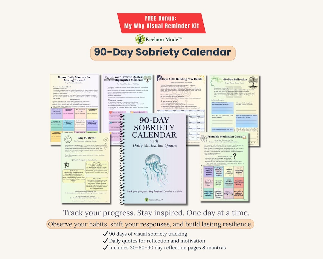 90-day Sobriety Calendar Printable – Daily Quotes, Recovery Tracker ...