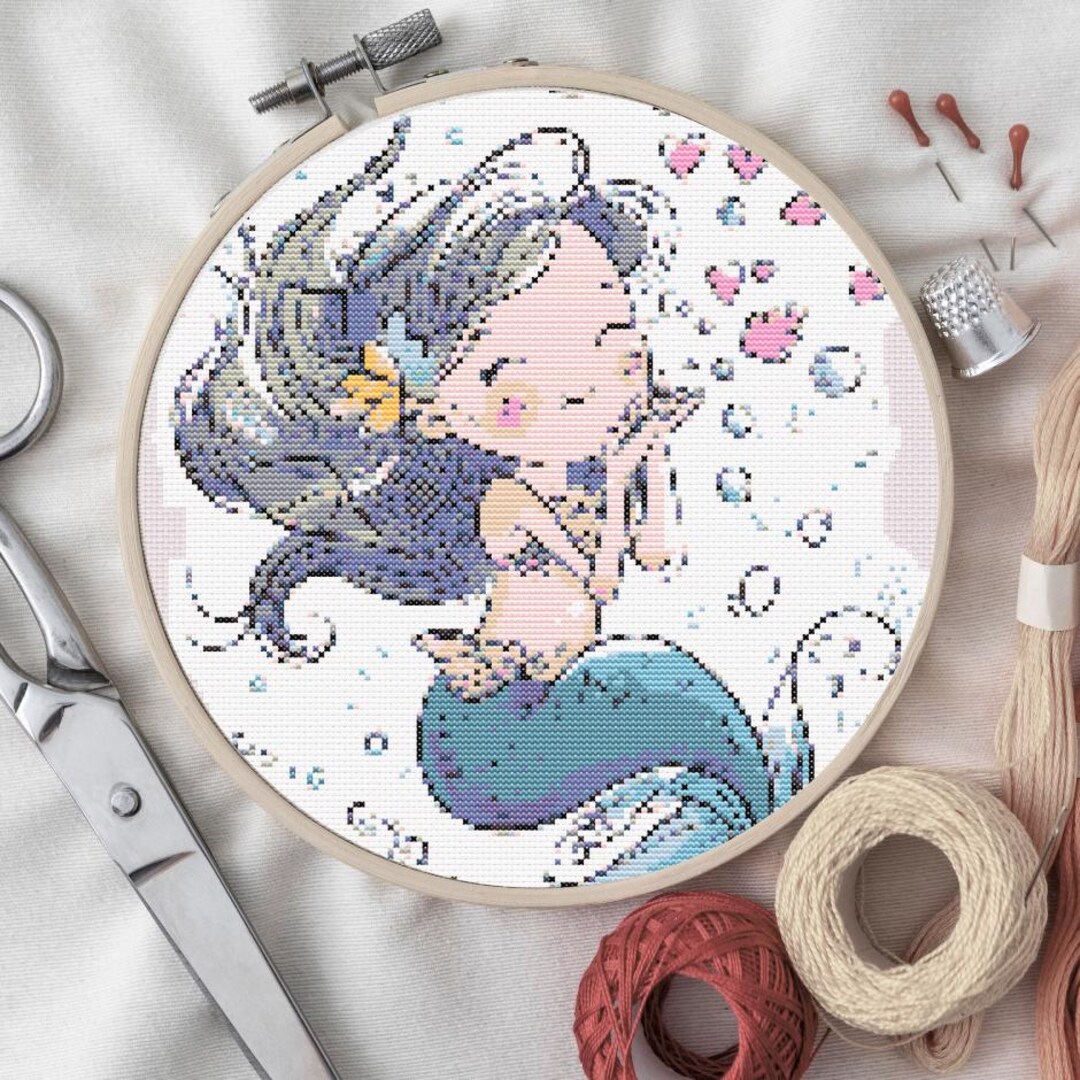 Mermaid Cross Stitch Pattern Girl, Instant Digital Download Kawaii ...