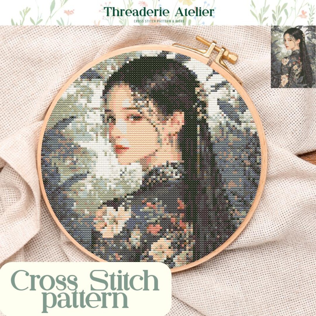 Chinese Girl Cross Stitch Pattern – Advanced Botanical Embroidery ...