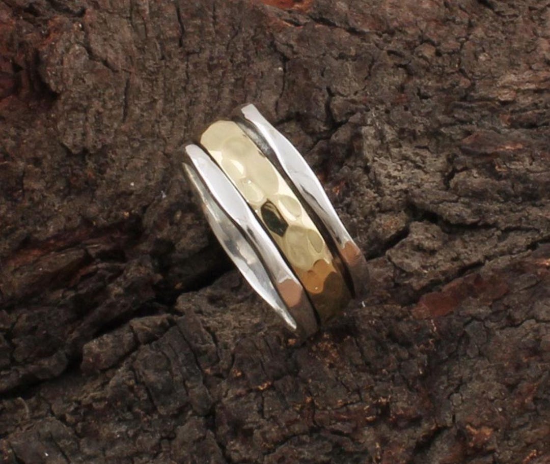 Hammered Gold-tone Fidget Ring: Sterling Silver Brass Spinner, Anxiety ...