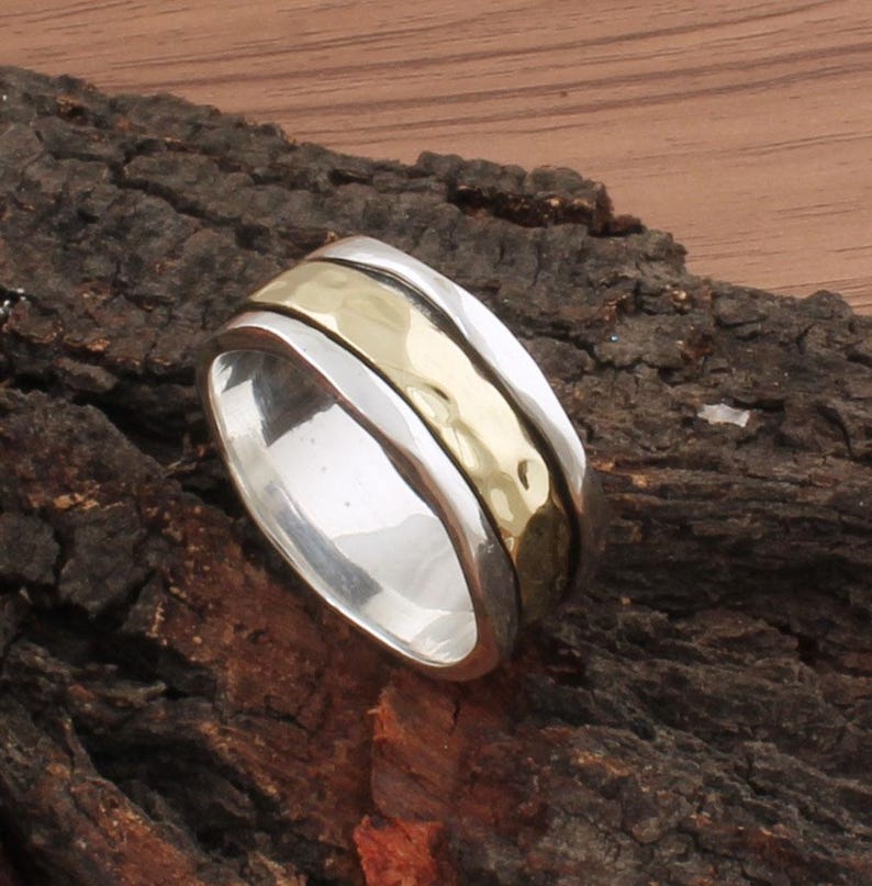 Hammered Gold-tone Fidget Ring: Sterling Silver Brass Spinner, Anxiety ...