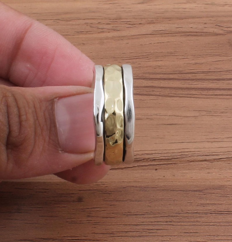 Hammered Gold-tone Fidget Ring: Sterling Silver Brass Spinner, Anxiety ...