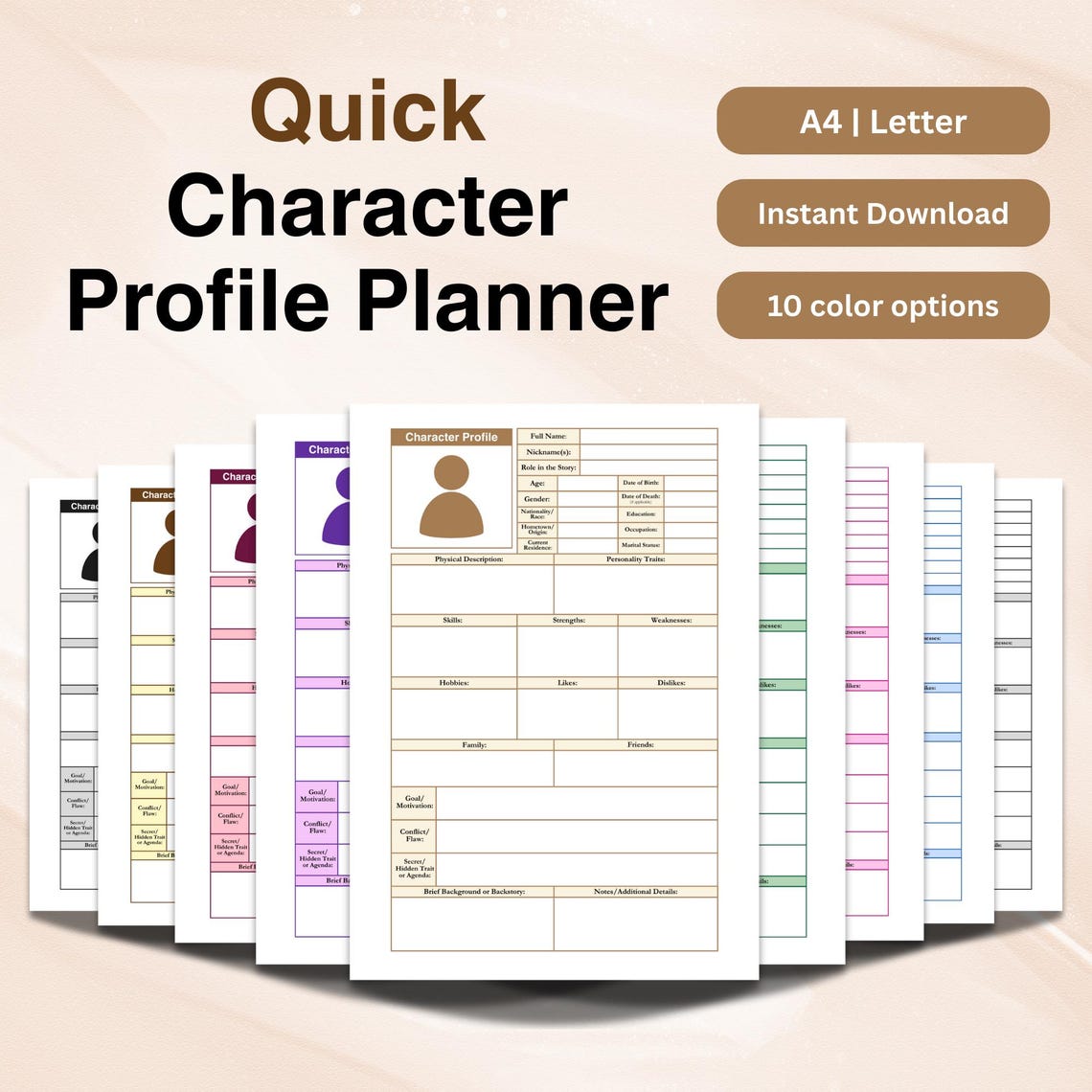 Quick Character Profile Planner, Digital & Printable Character Writing ...