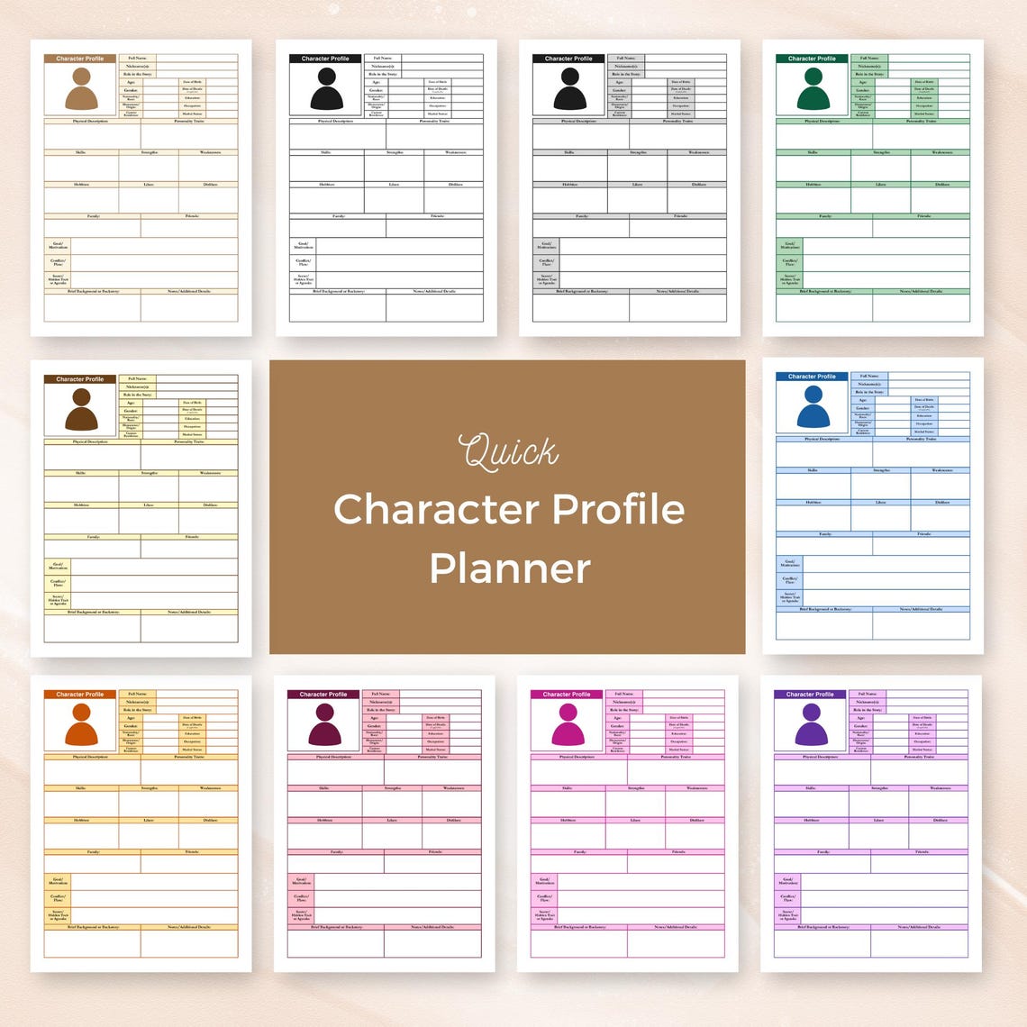 Quick Character Profile Planner, Digital & Printable Character Writing ...