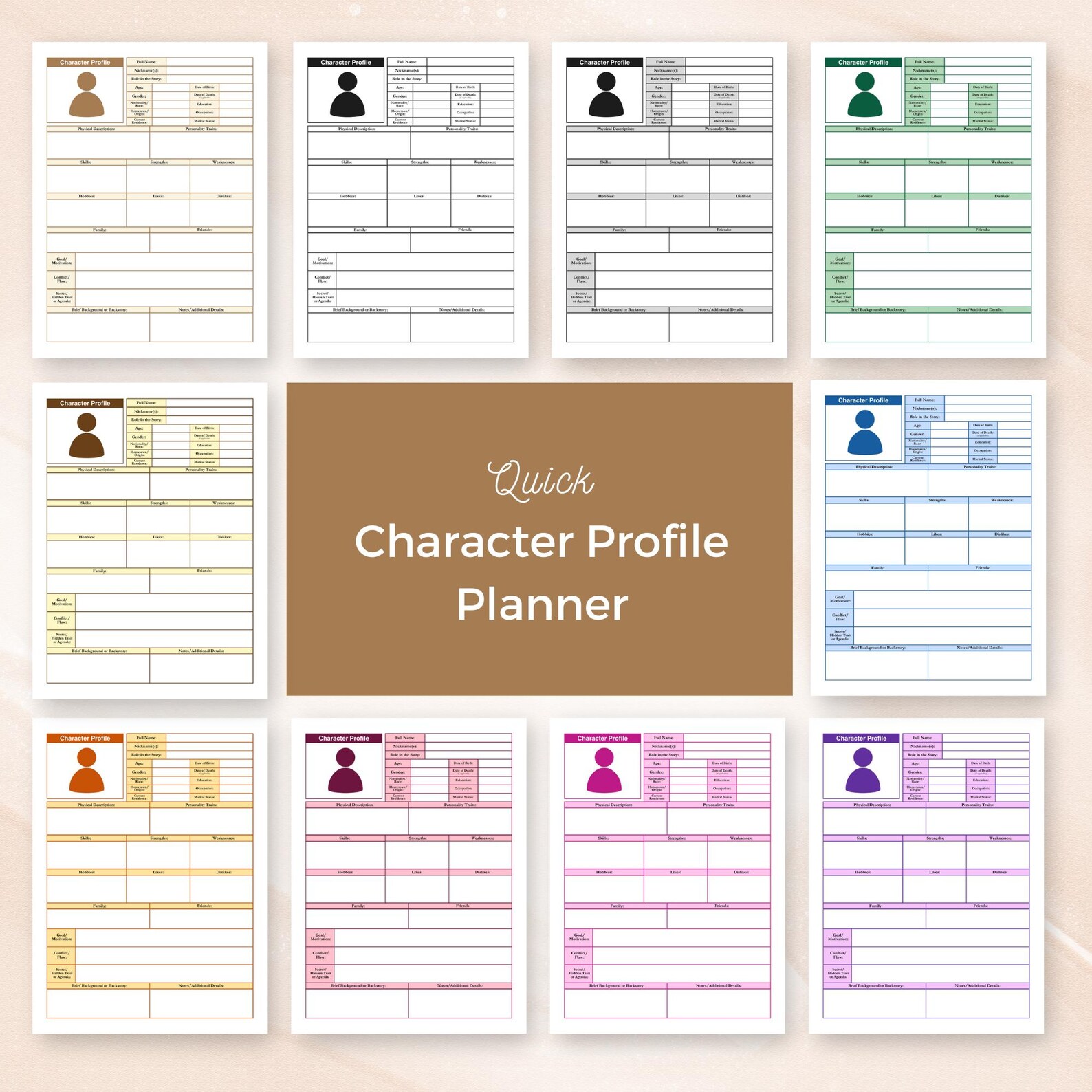 Quick Character Profile Planner, Digital & Printable Character Writing ...