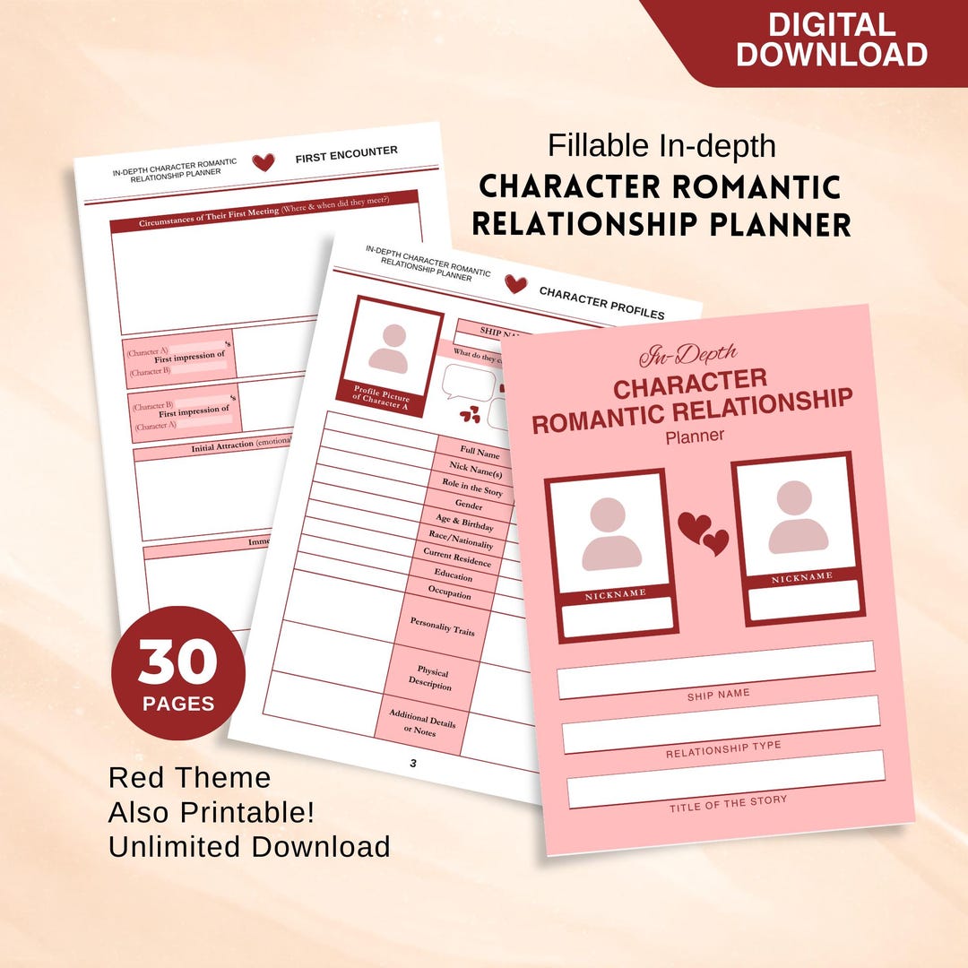 Fillable In-depth Character Relationship Planner for Writers, Red ...