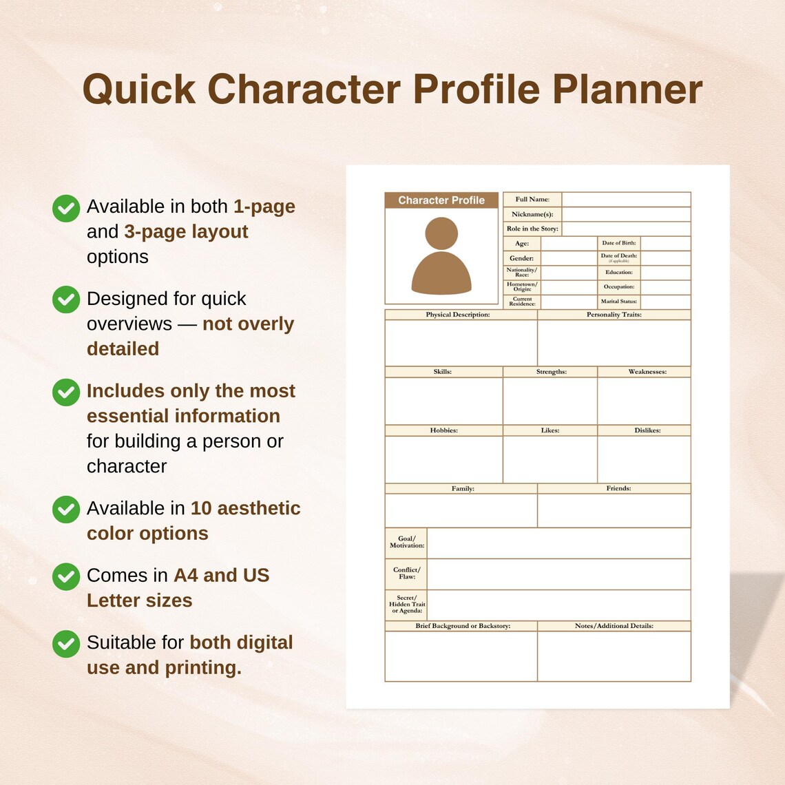 Quick Character Profile Planner, Digital & Printable Character Writing ...