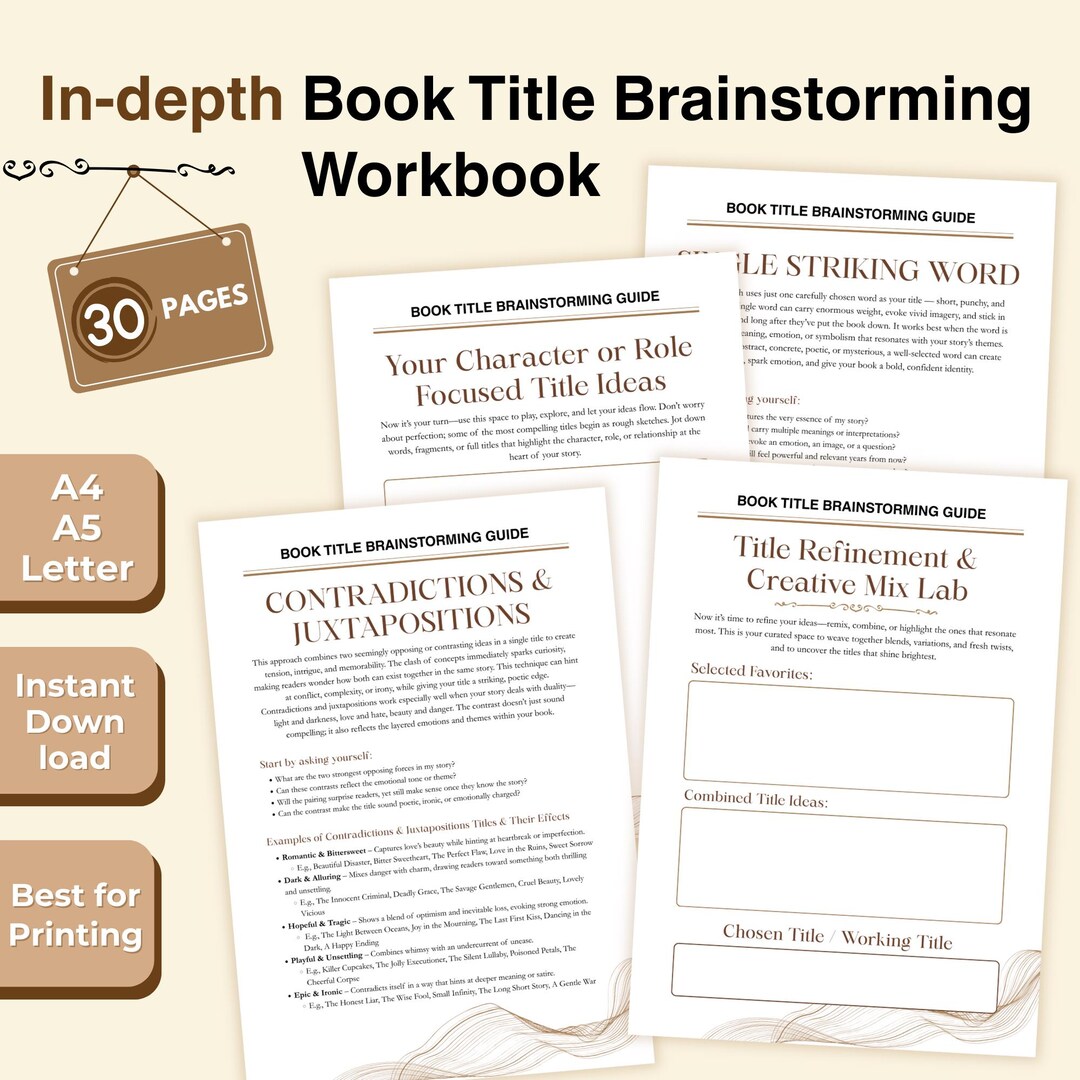 In-depth Book Title Brainstorming Guide Workbook, Novel Title Planner ...