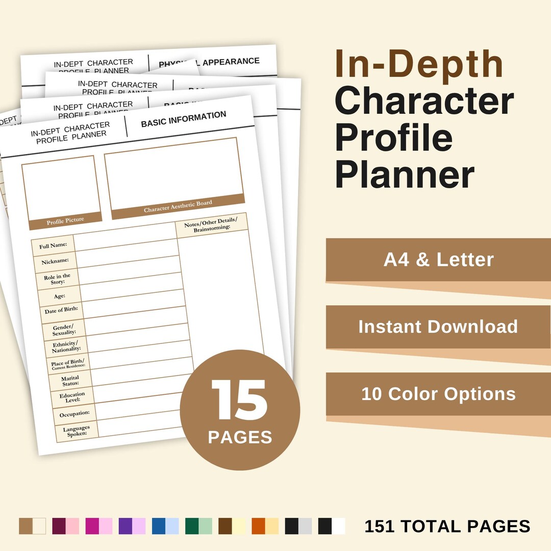 In-depth Character Profile Planner, Character Workbook Template ...