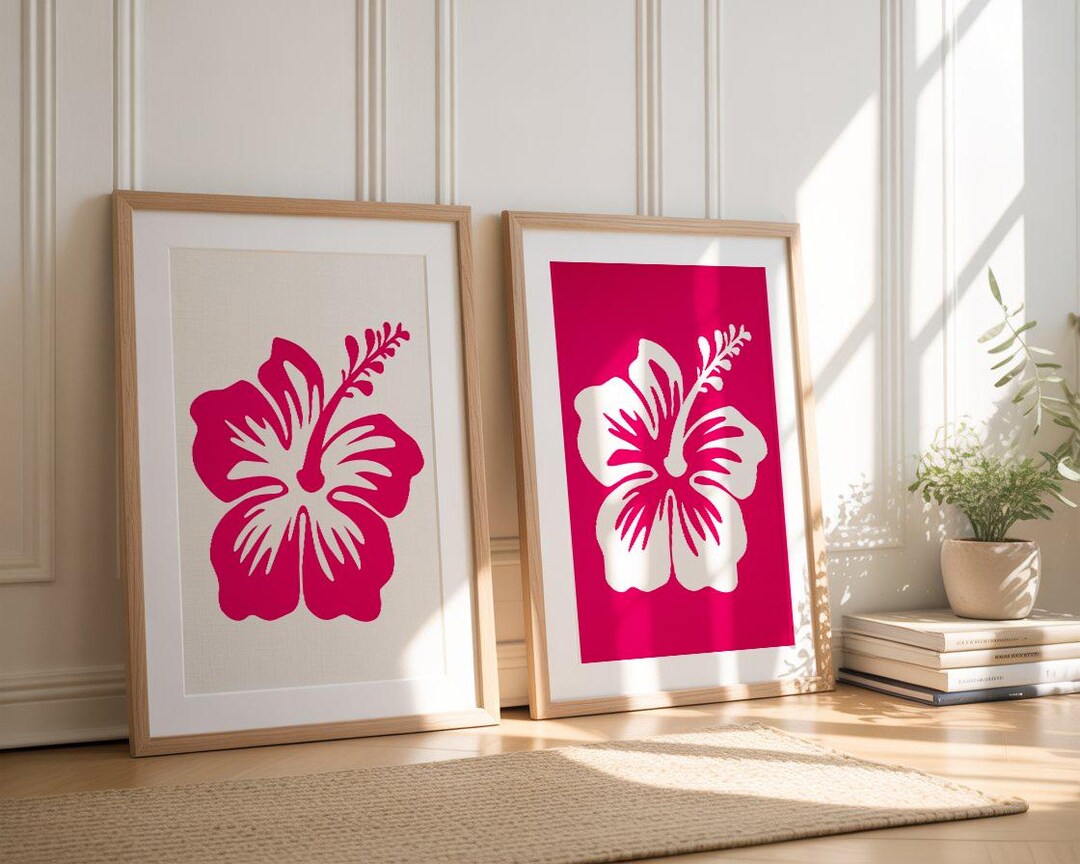 Pink Hibiscus Flower Art Print Set | Tropical Botanical Posters ...