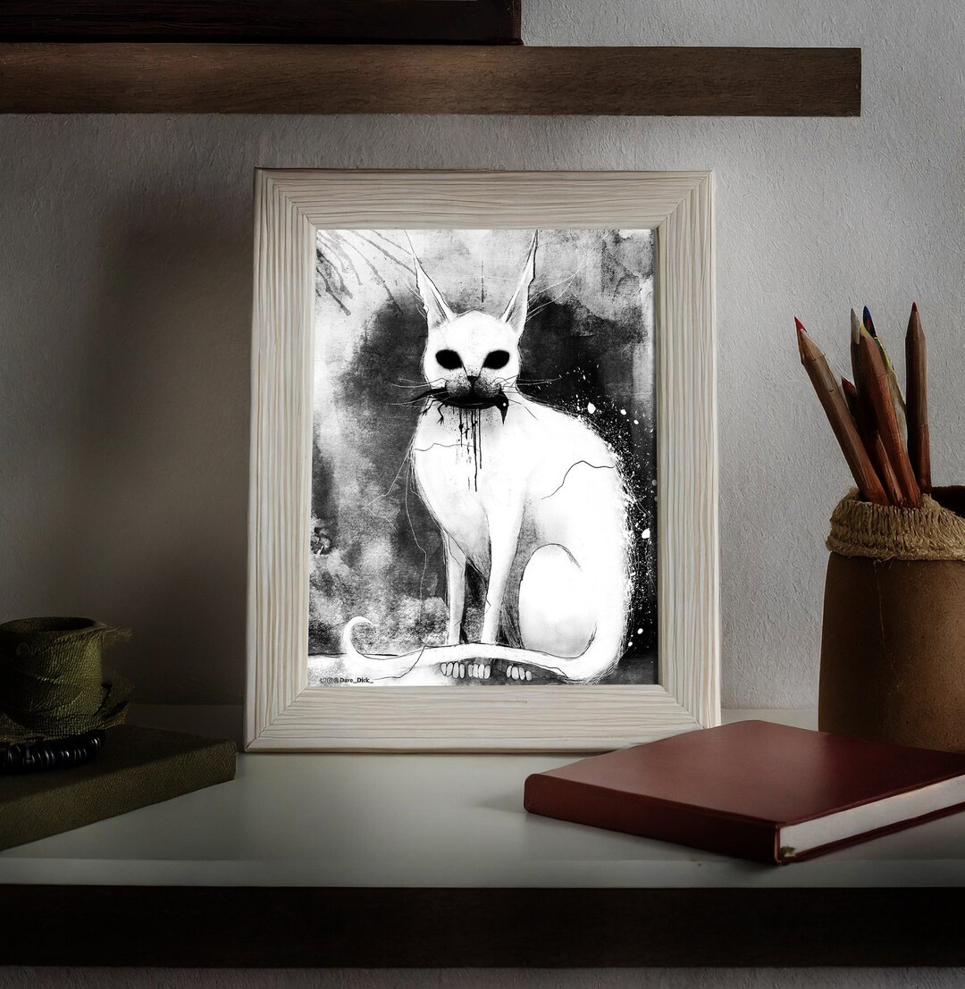 Creepy White Cat Art Print: Whimsical Horror Wall Decor - Etsy