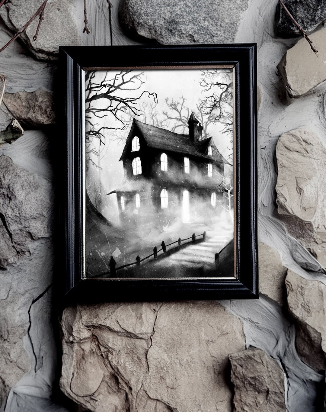 Gothic Haunted House Art Print - Signed Dark Wall Decor, Foggy Mansion ...