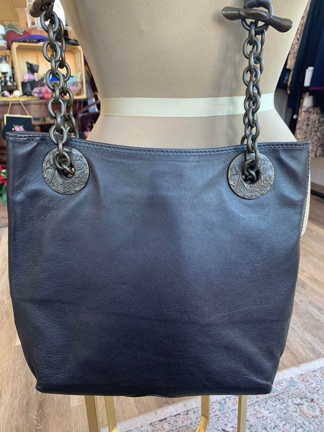 Vintage Donna Karan New York Brown Leather Bronze Adjustable Chain ...